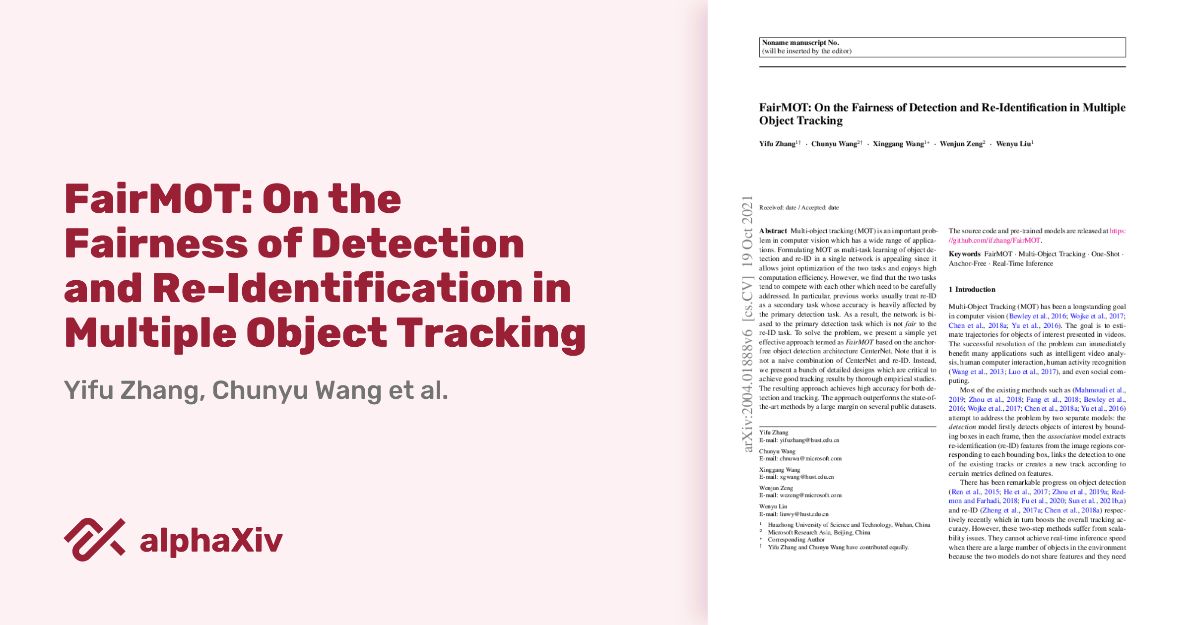 FairMOT: On the Fairness of Detection and Re-Identification in Multiple ...