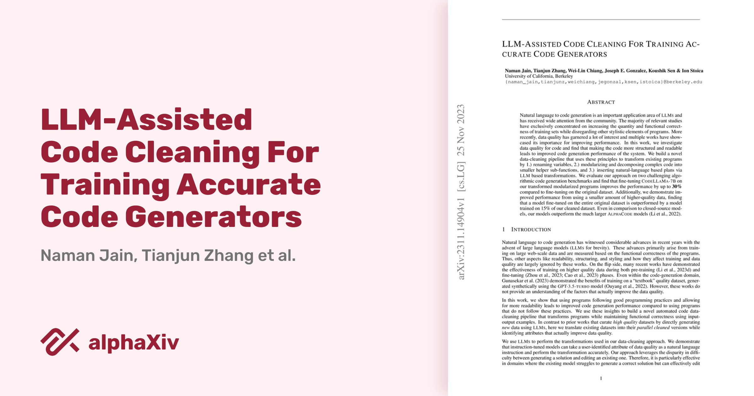 LLM-Assisted Code Cleaning For Training Accurate Code Generators | alphaXiv